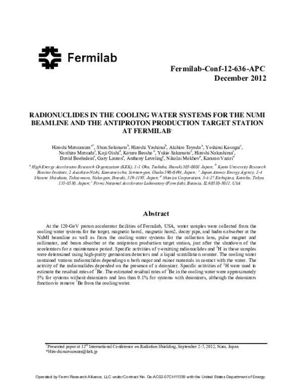 (PDF) Radionuclides in the cooling water systems for the NuMI beamline ...