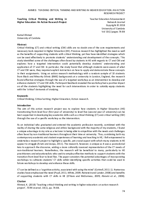 (PDF) Teaching Critical Thinking and Writing in Higher Education: An ...