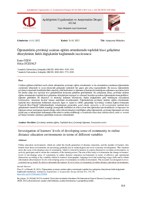 (PDF) Öğrenenlerin Çevrimiçi Uzaktan Eğitim Ortamlarında Topluluk Hissi ...