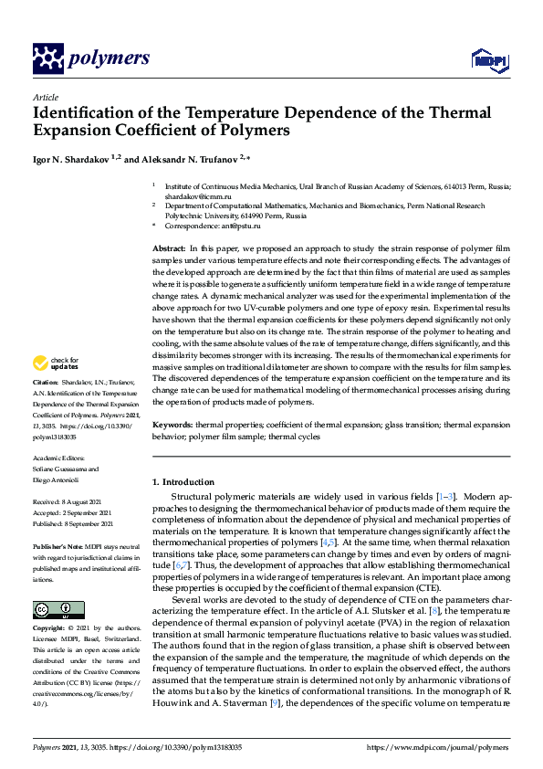 (PDF) Identification of the Temperature Dependence of the Thermal Expansion Coefficient of Polymers