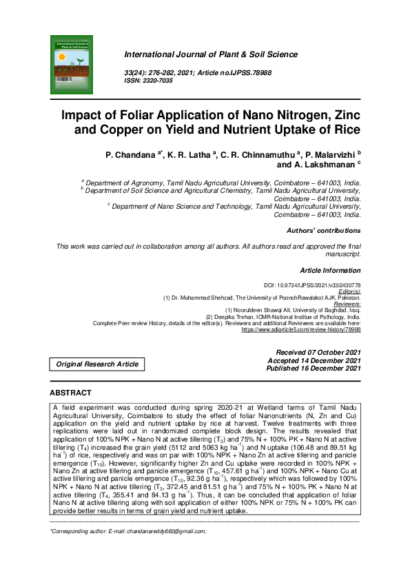 (PDF) Impact of Foliar Application of Nano Nitrogen, Zinc and Copper on ...