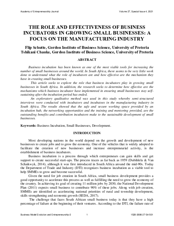 (PDF) The Role and Effectiveness of Business Incubators in Growing ...