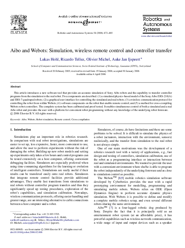(PDF) Aibo and Webots: Simulation, wireless remote control and controller transfer