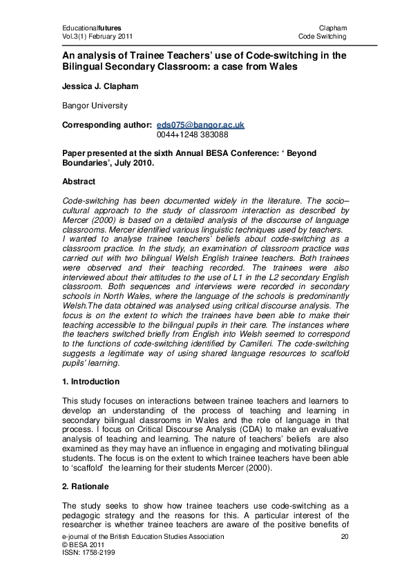 Pdf An Analysis Of Trainee Teachers Use Of Code Switching In The Bilingual Secondary