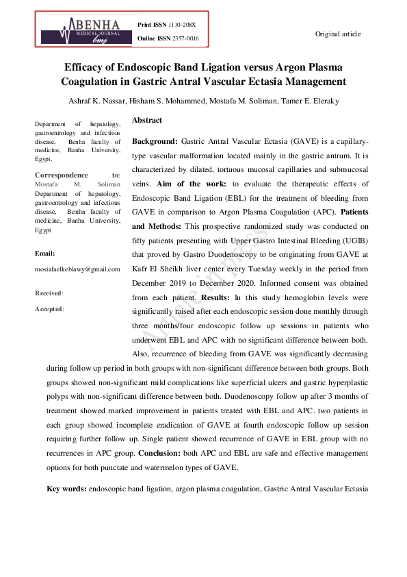 (PDF) Efficacy of Endoscopic band ligation versus argon plasma ...