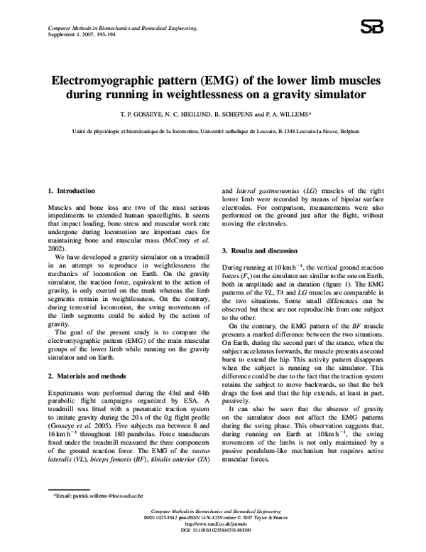 (PDF) Electromyographic pattern (EMG) of the lower limb muscles during running in weightlessness ...