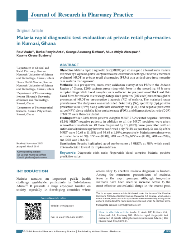 (PDF) Malaria rapid diagnostic test evaluation at private retail ...