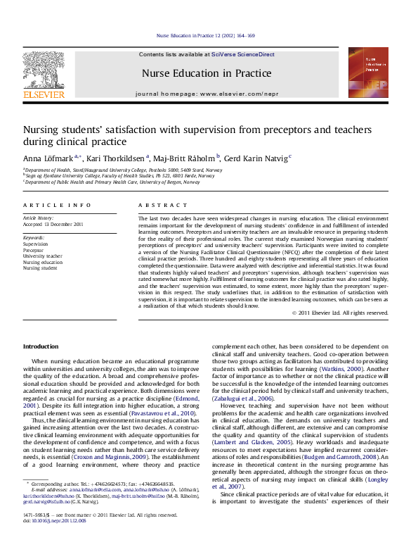 (PDF) Nursing students’ satisfaction with supervision from preceptors and teachers during ...