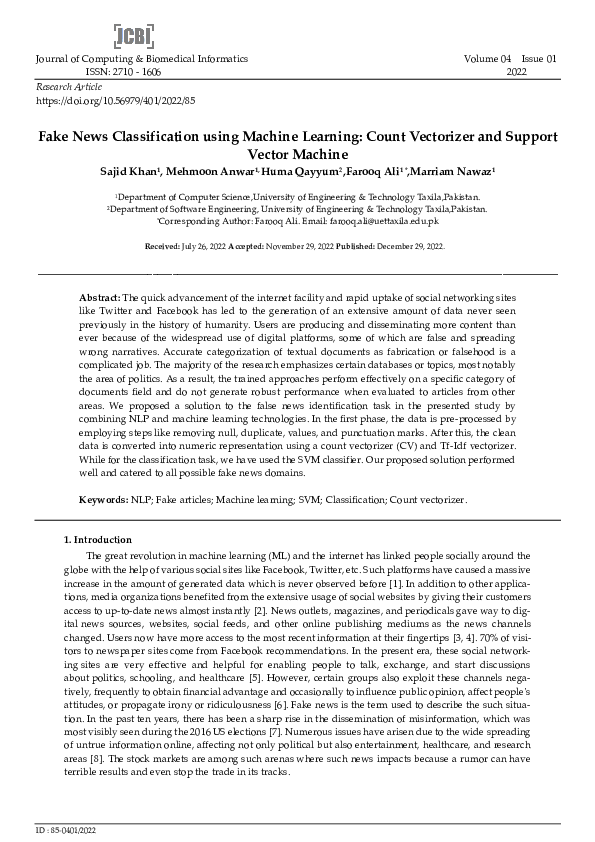 Pdf Fake News Classification Using Machine Learning Count Vectorizer