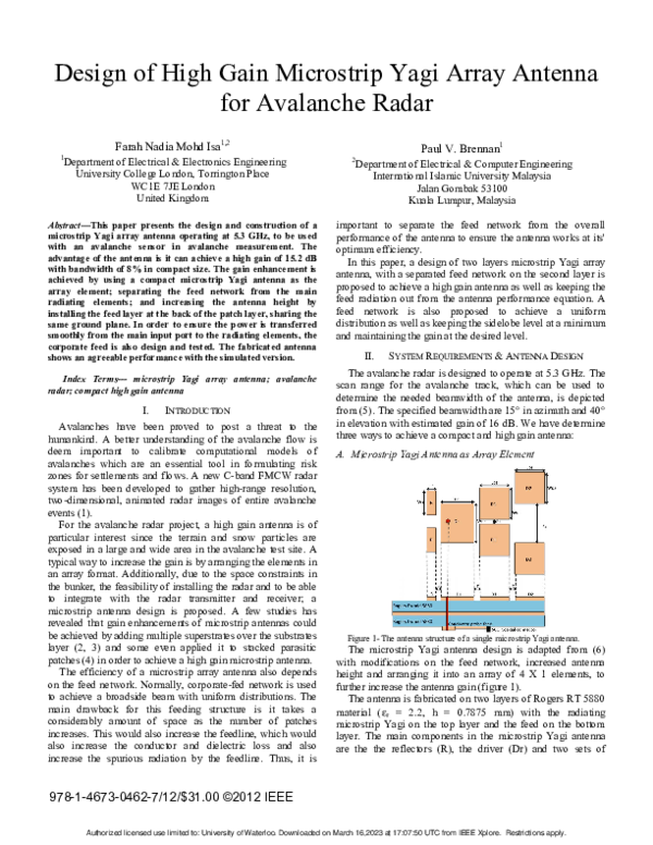 (PDF) Design of High Gain Microstrip Yagi Array Antenna for Avalanche Radar