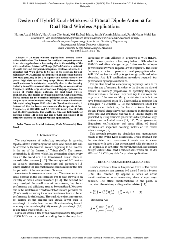(PDF) Design of Hybrid Koch-Minkowski Fractal Dipole Antenna for Dual Band Wireless Applications
