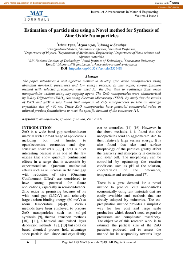 (PDF) Estimation of particle size using a Novel method for Synthesis of Zinc Oxide Nanoparticles