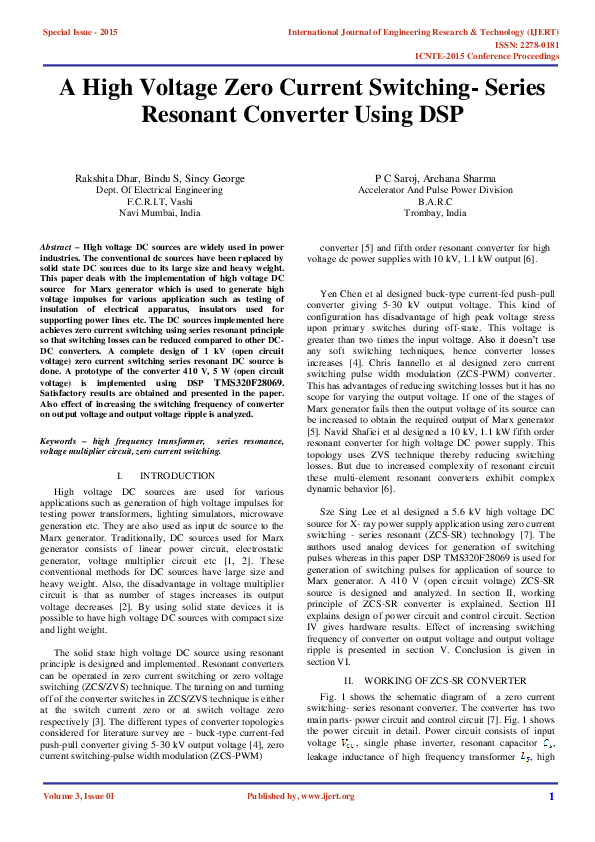 (PDF) A High Voltage Zero Current Switching- Series Resonant Converter Using DSP