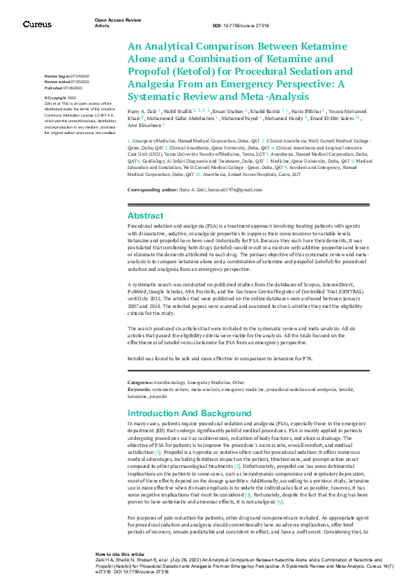 (PDF) An Analytical Comparison Between Ketamine Alone and a Combination ...