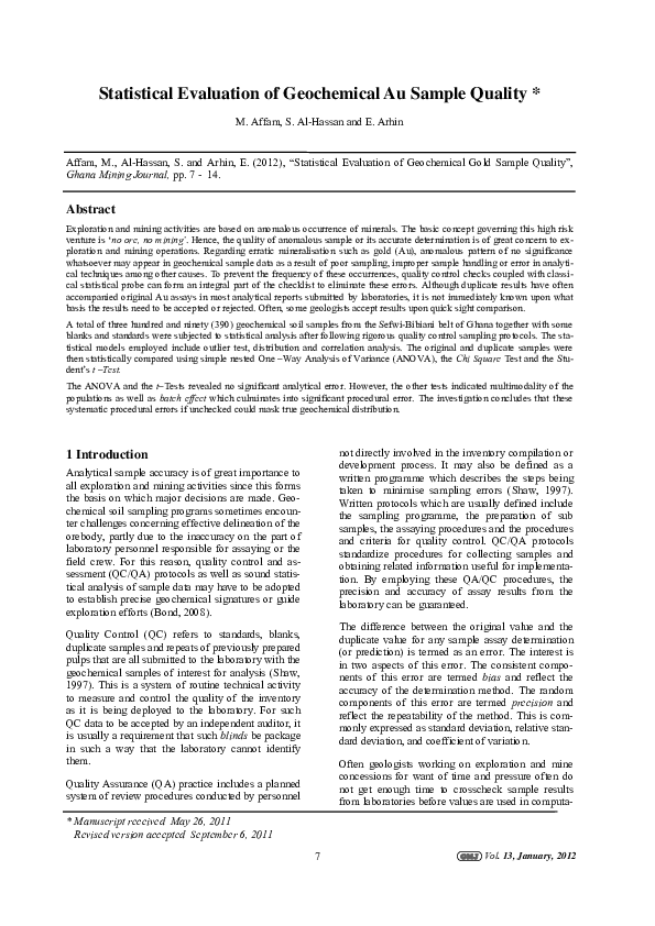 (PDF) Statistical Evaluation of Geochemical Au Sample Quality