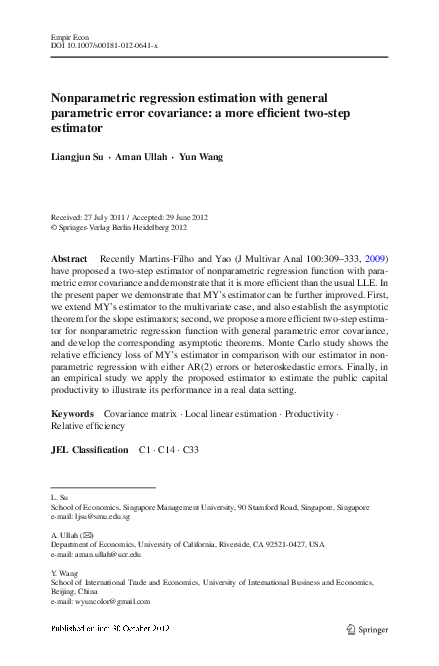 (PDF) Nonparametric regression estimation with general parametric error ... (PDF) Nonparametric regression estimation with general parametric error ...
