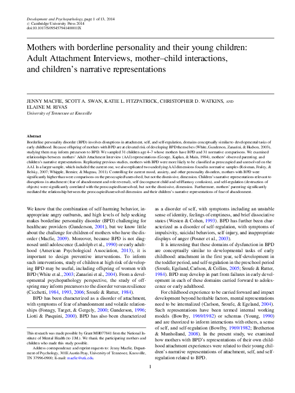 (PDF) Mothers with borderline personality and their young children ...