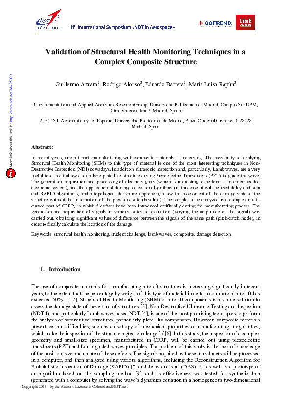Pdf Validation Of Structural Health Monitoring Techniques In A Complex Composite Structure