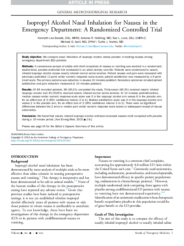(PDF) Isopropyl Alcohol Nasal Inhalation for Nausea in the Emergency ...