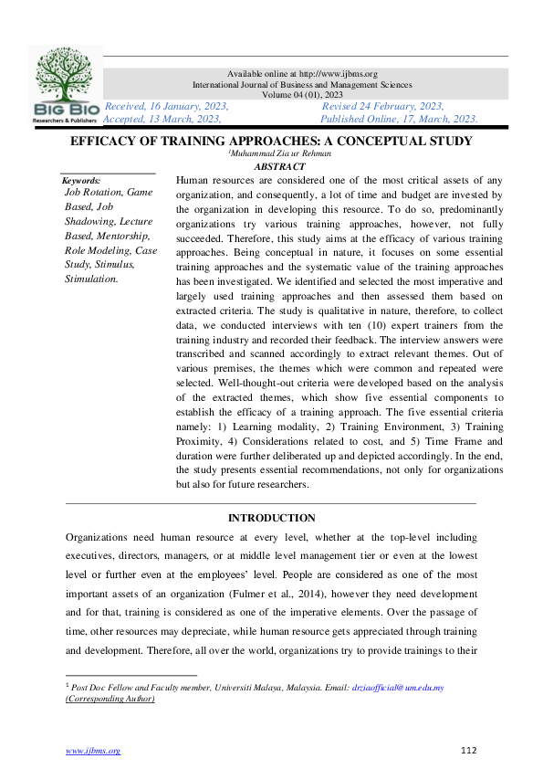 (PDF) EFFICACY OF TRAINING APPROACHES: A CONCEPTUAL STUDY