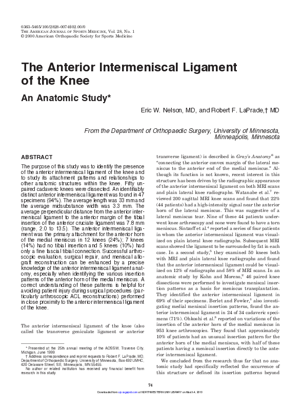 (PDF) The anterior intermeniscal ligament of the knee: an anatomic and ...