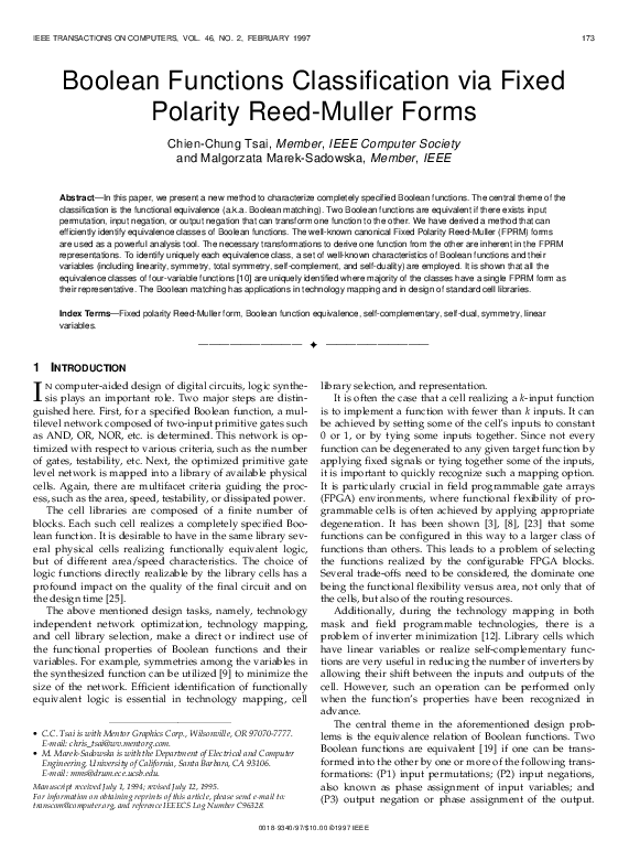 (PDF) Boolean functions classification via fixed polarity Reed-Muller forms