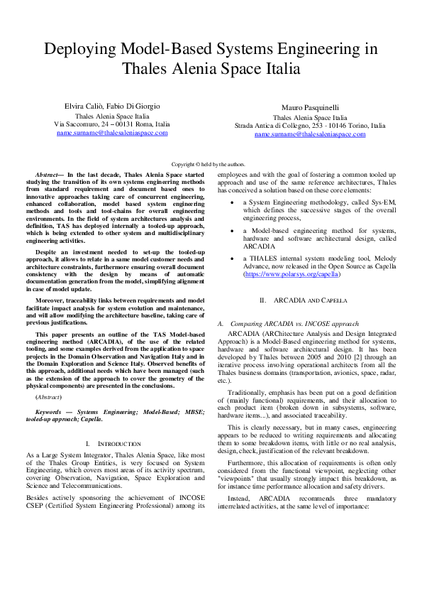 (PDF) Deploying Model-Based Systems Engineering in Thales Alenia Space Italia