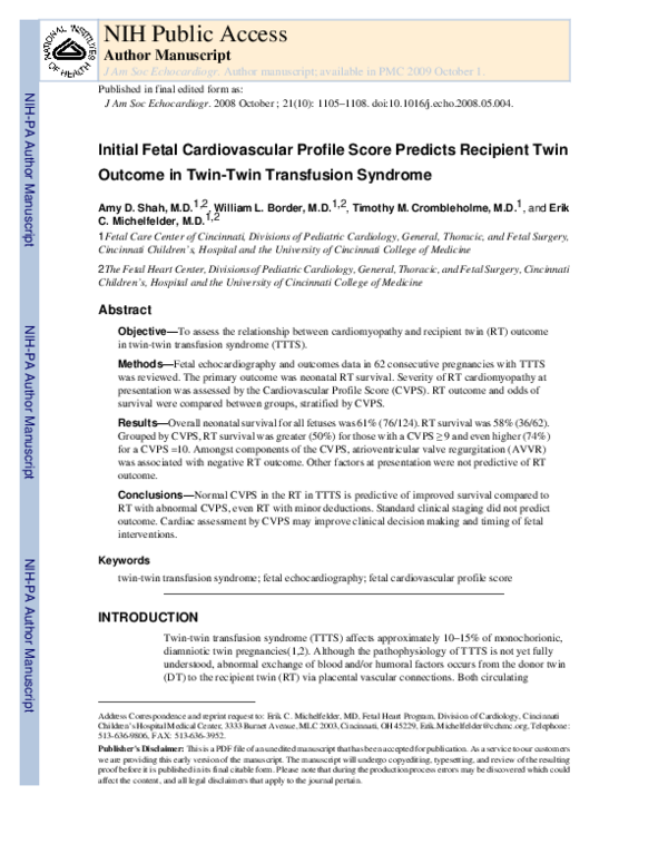 (PDF) Initial Fetal Cardiovascular Profile Score Predicts Recipient ...