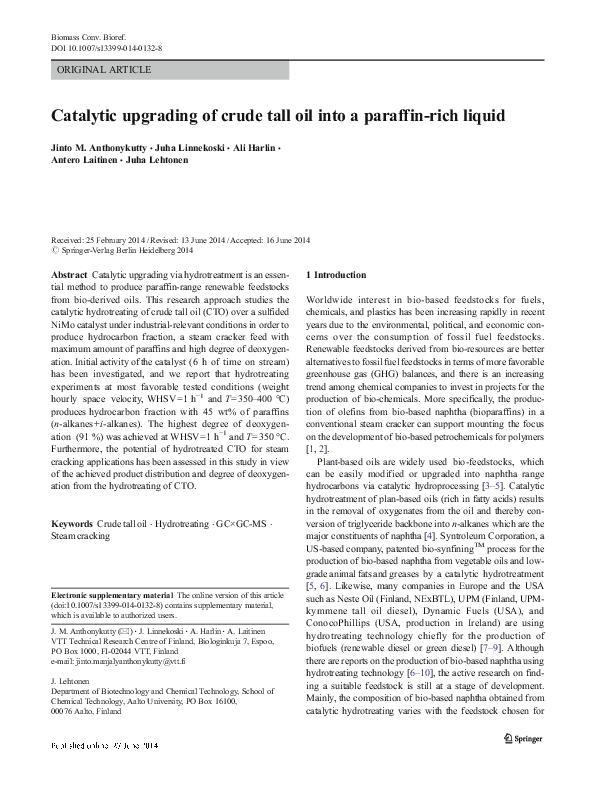 (PDF) Catalytic upgrading of crude tall oil into a paraffin-rich liquid