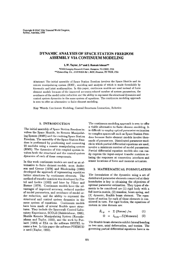 (PDF) Dynamic Analysis of Space Station Freedom Assembly via Continuum Modeling