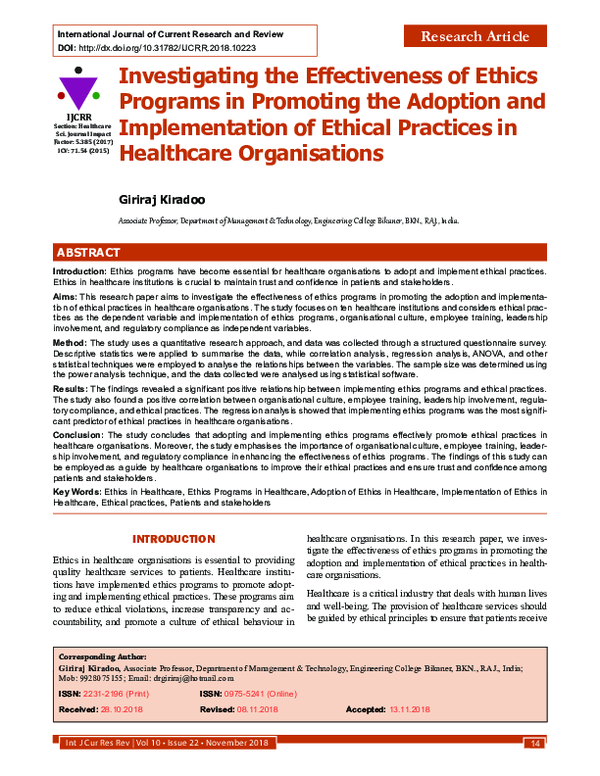 (PDF) Investigating the Effectiveness of Ethics Programs in Promoting the Adoption and ...