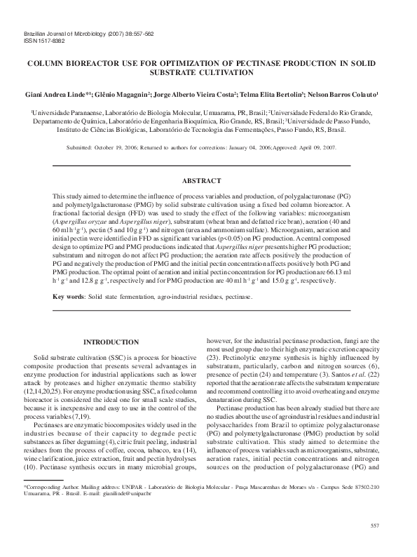 (PDF) Column bioreactor use for optimization of pectinase production in solid substrate cultivation