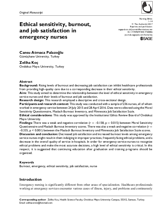 (PDF) Ethical sensitivity, burnout, and job satisfaction in emergency ...