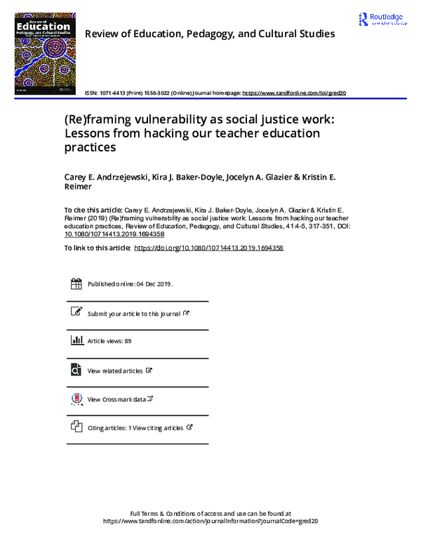 (PDF) (Re)framing vulnerability as social justice work: Lessons from hacking our teacher ...