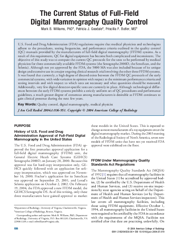 (PDF) The current status of full-field digital mammography quality control