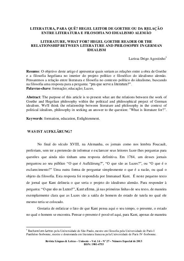 (PDF) Literatura, Para Quê? Hegel Leitor De Goethe Ou Da Relação Entre ...