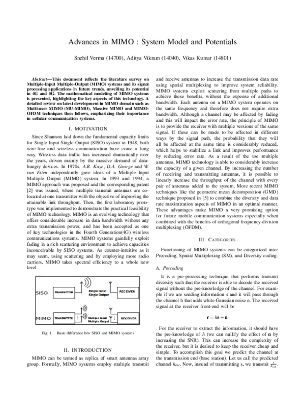 Advances in MIMO : System Model and Potentials