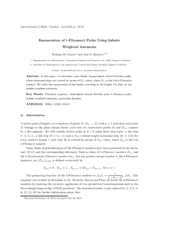 (PDF) Enumeration Of K-Fibonacci Paths Using Infinite Weighted Automata