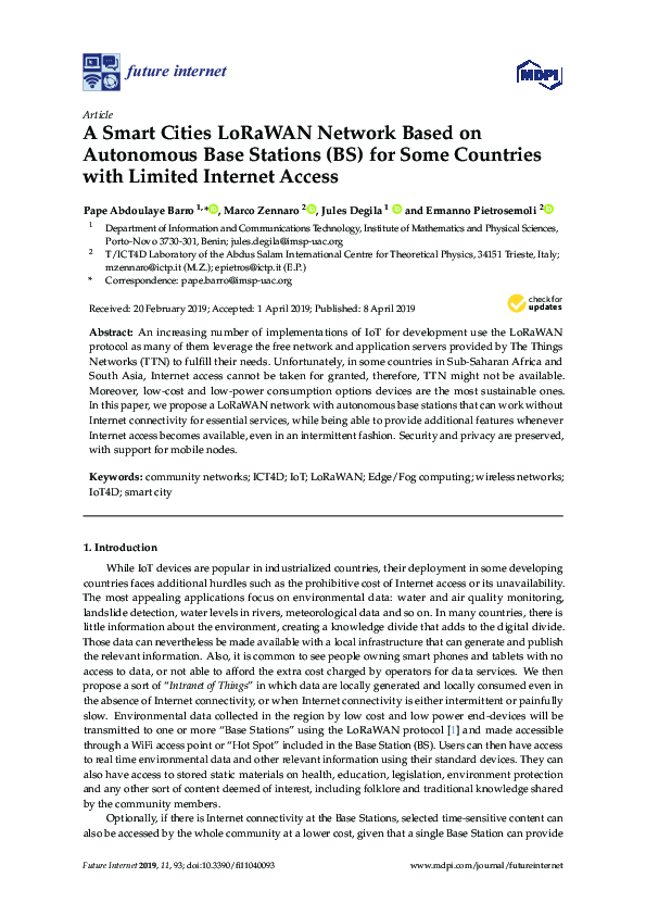(PDF) A Smart Cities LoRaWAN Network Based on Autonomous Base Stations (BS) for Some Countries ...