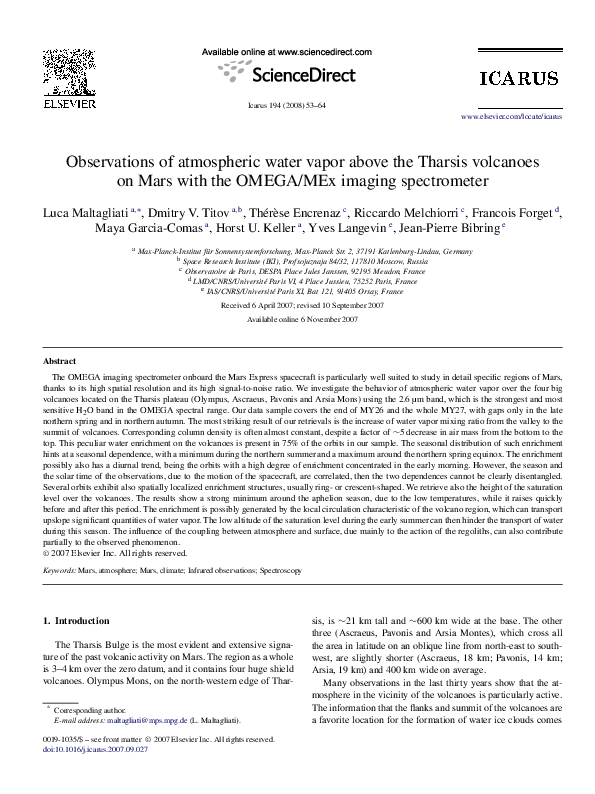 (PDF) Observations of atmospheric water vapor above the Tharsis volcanoes on Mars with the OMEGA ...