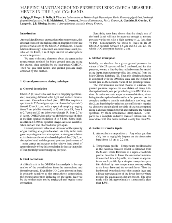 (PDF) Mapping Martian Ground Pressure Using Omega Measure-Ments in the 2 Μm CO2 Band