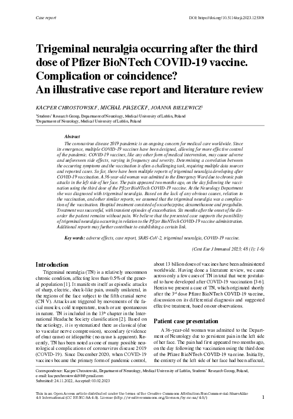 (PDF) Trigeminal neuralgia occurring after the third dose of Pfizer ...