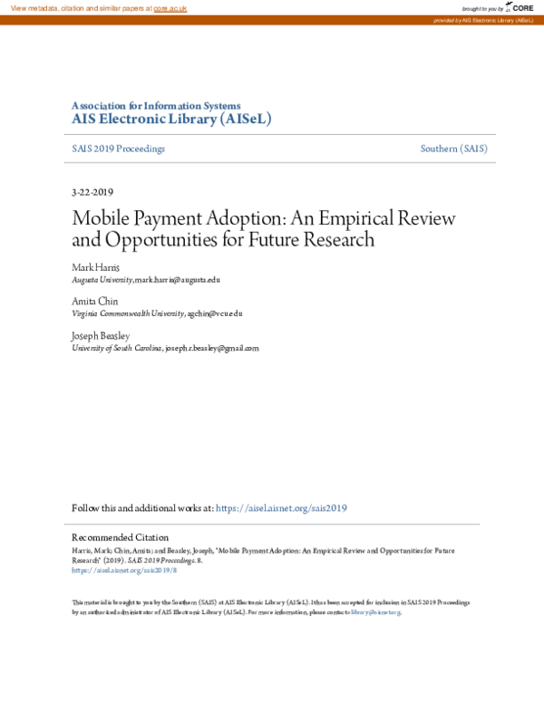 (PDF) Mobile Payment Adoption: An Empirical Review and Opportunities for Future Research