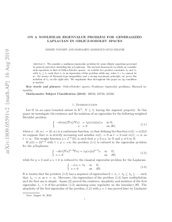 (PDF) On a nonlinear eigenvalue problem for generalized Laplacian in Orlicz–Sobolev spaces