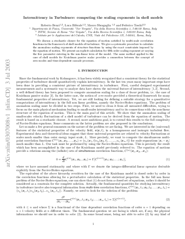 (PDF) Intermittency in turbulence: Computing the scaling exponents in shell models | Luca ...