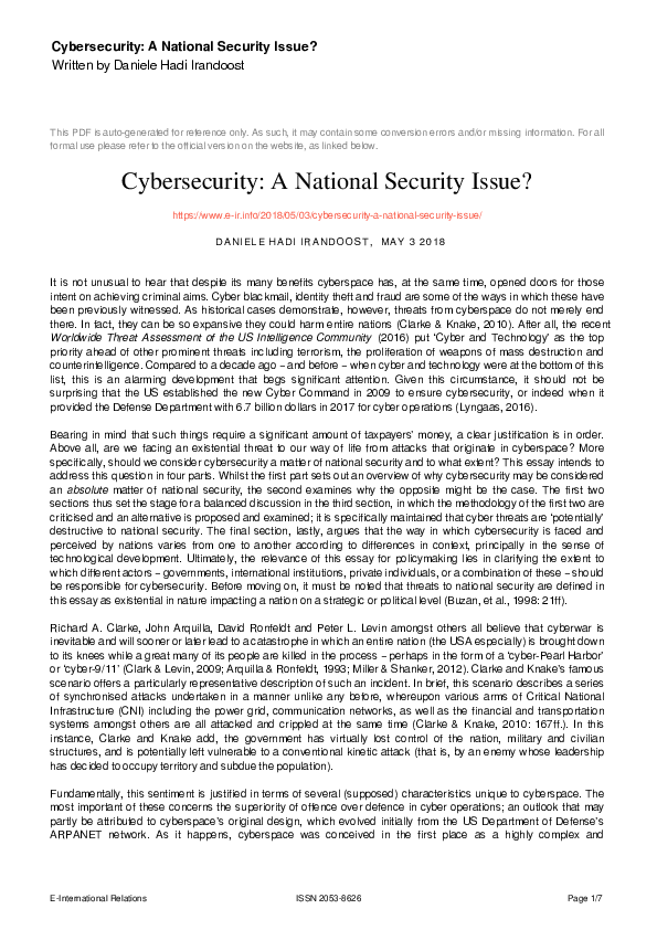 (PDF) Cybersecurity: A National Security Issue?