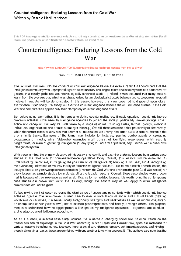 (PDF) Counterintelligence: Enduring Lessons from the Cold War