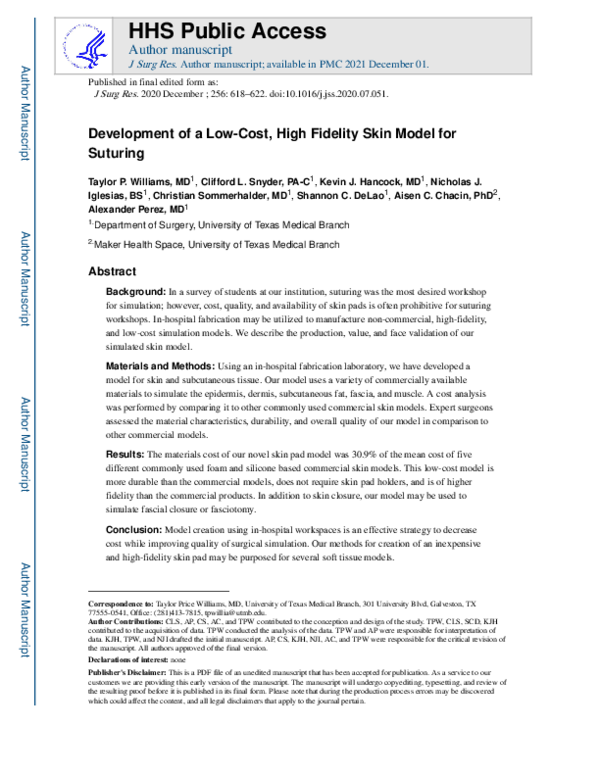 (PDF) Development of a Low-cost, High-fidelity Skin Model for Suturing ...