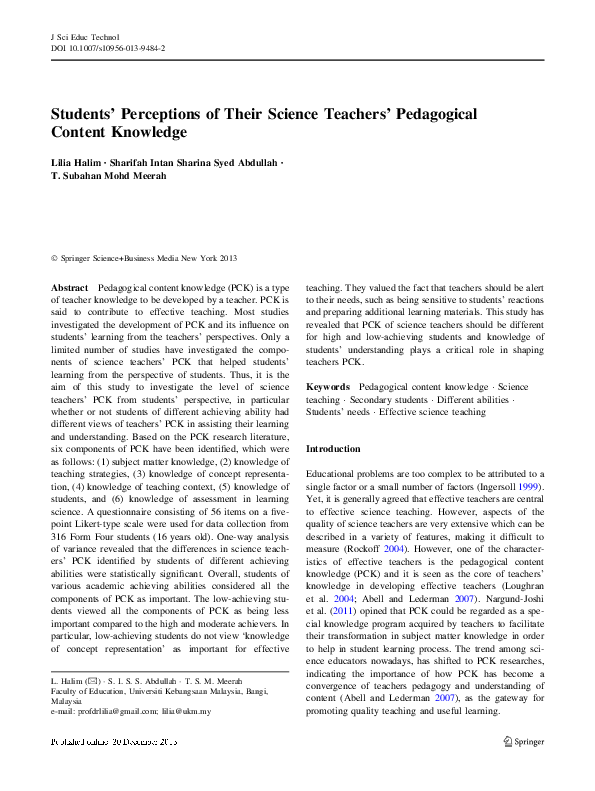 (PDF) Students’ Perceptions of Their Science Teachers’ Pedagogical ...