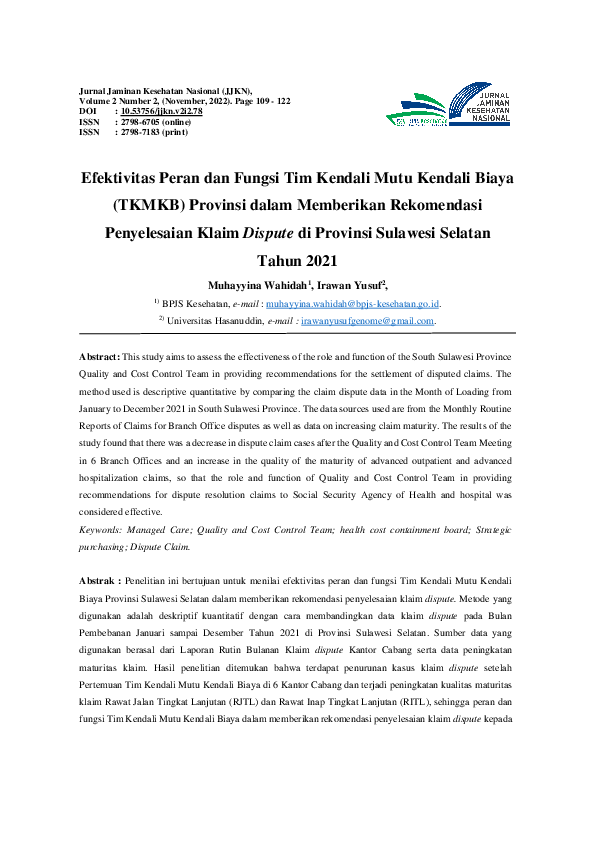 (PDF) Efektivitas Peran dan Fungsi Tim Kendali Mutu Kendali Biaya (TKMKB) Provinsi Sulawesi ...